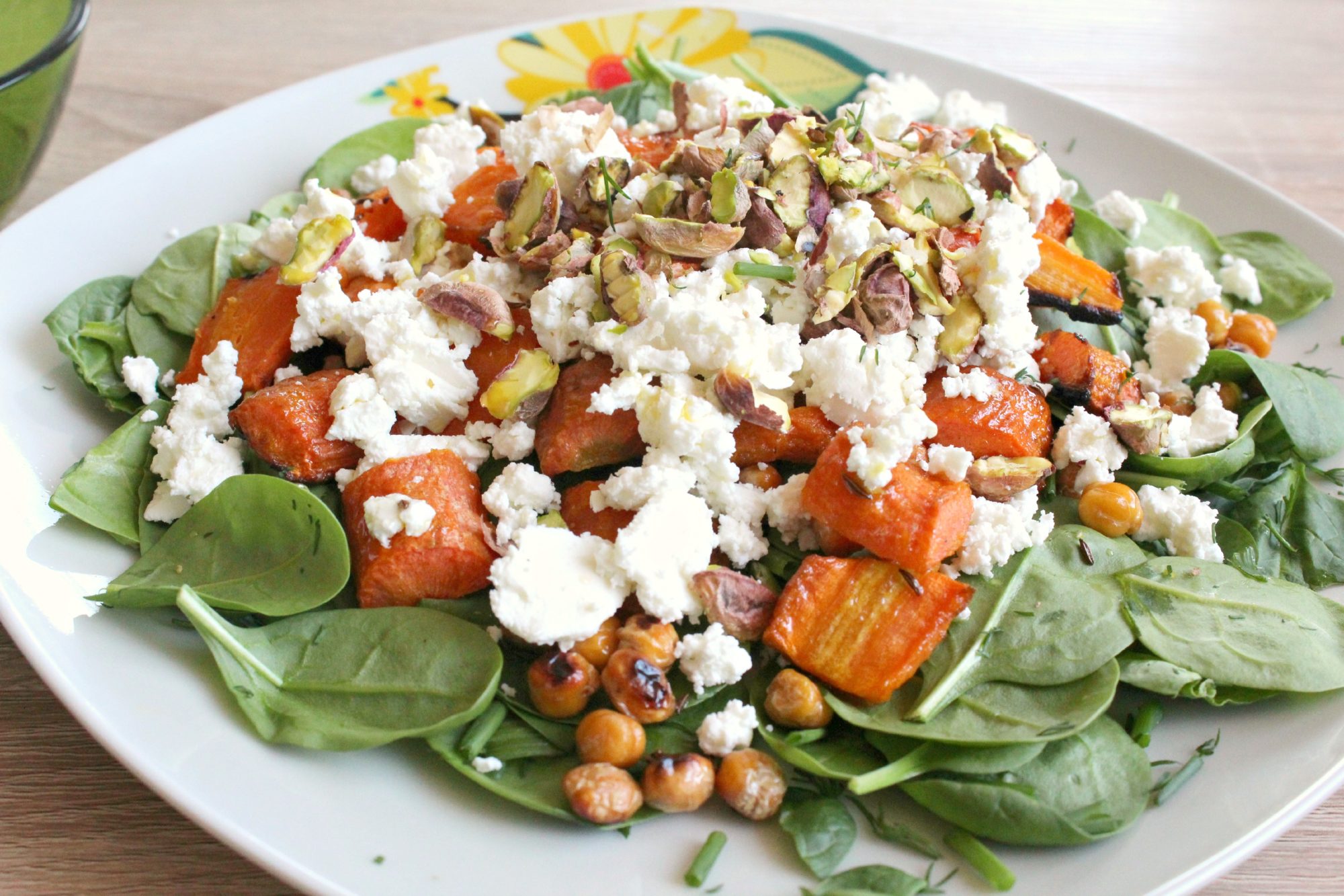 Baby Spinach Salad With Roasted Carrots Feta Pistachios