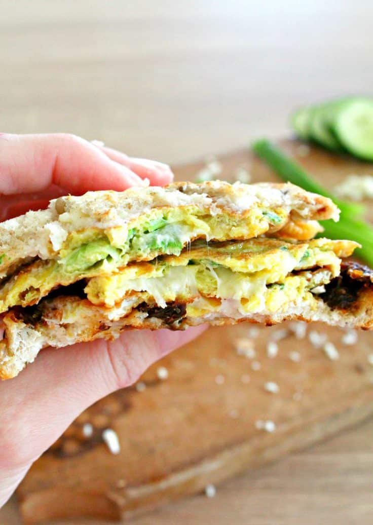 Omelette Sandwich With Sun Dried Tomatoes, 3 Cheeses & Green Onions