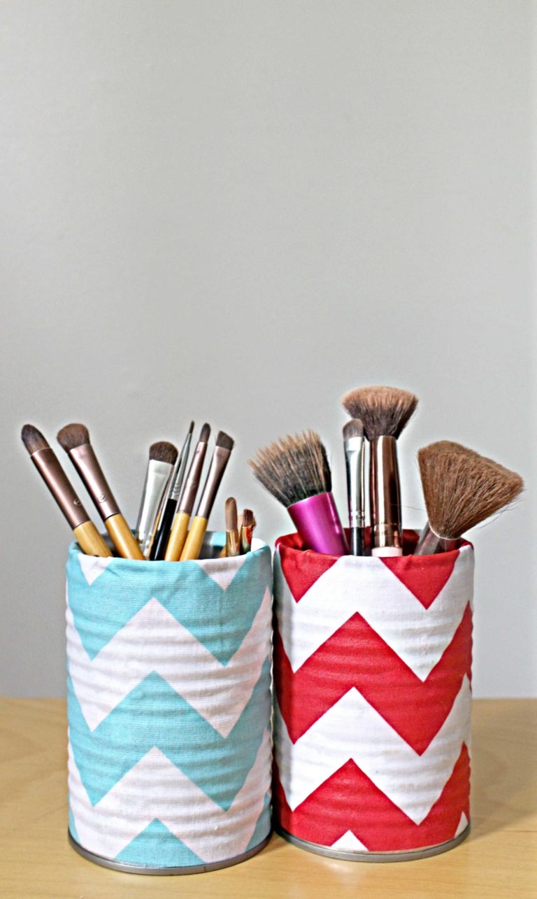 Makeup Storage Containers From Fabric Covered Tin Cans