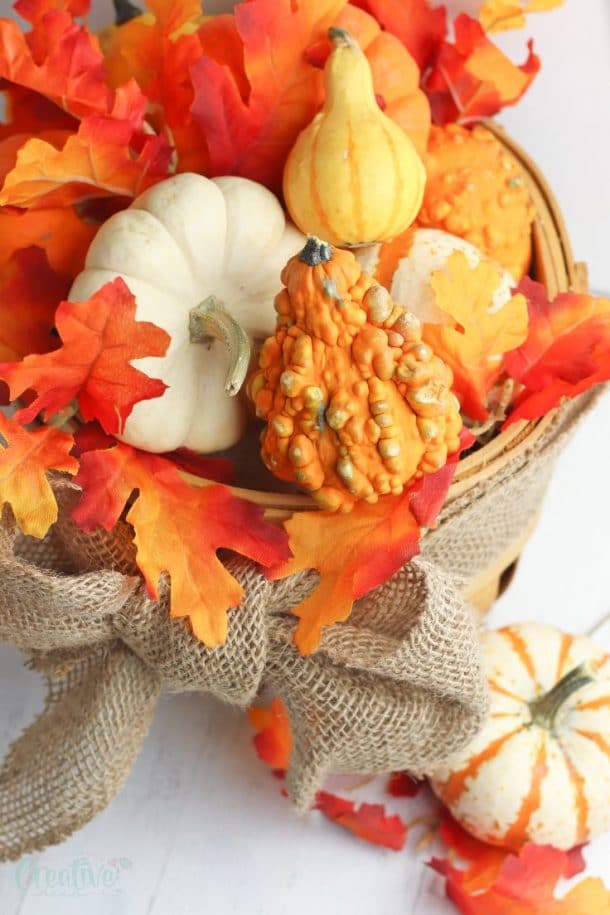 Fall Front Porch Decor Idea With Bushel Basket & Fall Themed Items