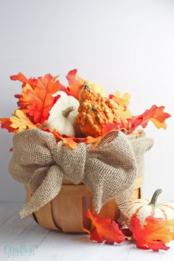 Fall Front Porch Decor Idea With Bushel Basket & Fall Themed Items